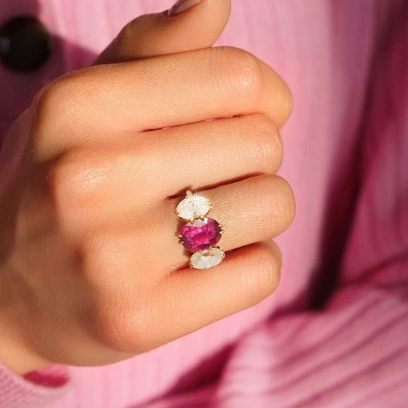 Nextnecklace | Jewelry | Golden Three Stone Oval Cut Ruby Sapphire ...